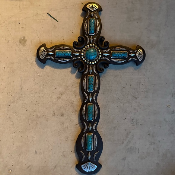 Source Unknown | Other | Blue Gem Black Metal Cross | Poshmark